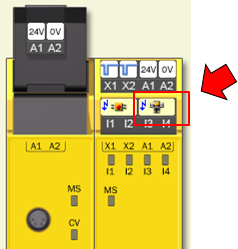 SF-CFX3に非常停止スイッチとSG-Pを接続して使用。MS表示灯が赤と緑の交互点灯する。