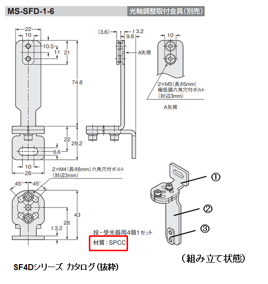 SF4Dシリーズの取付金具 MS-SFD-1-6の材質と表面処理は？